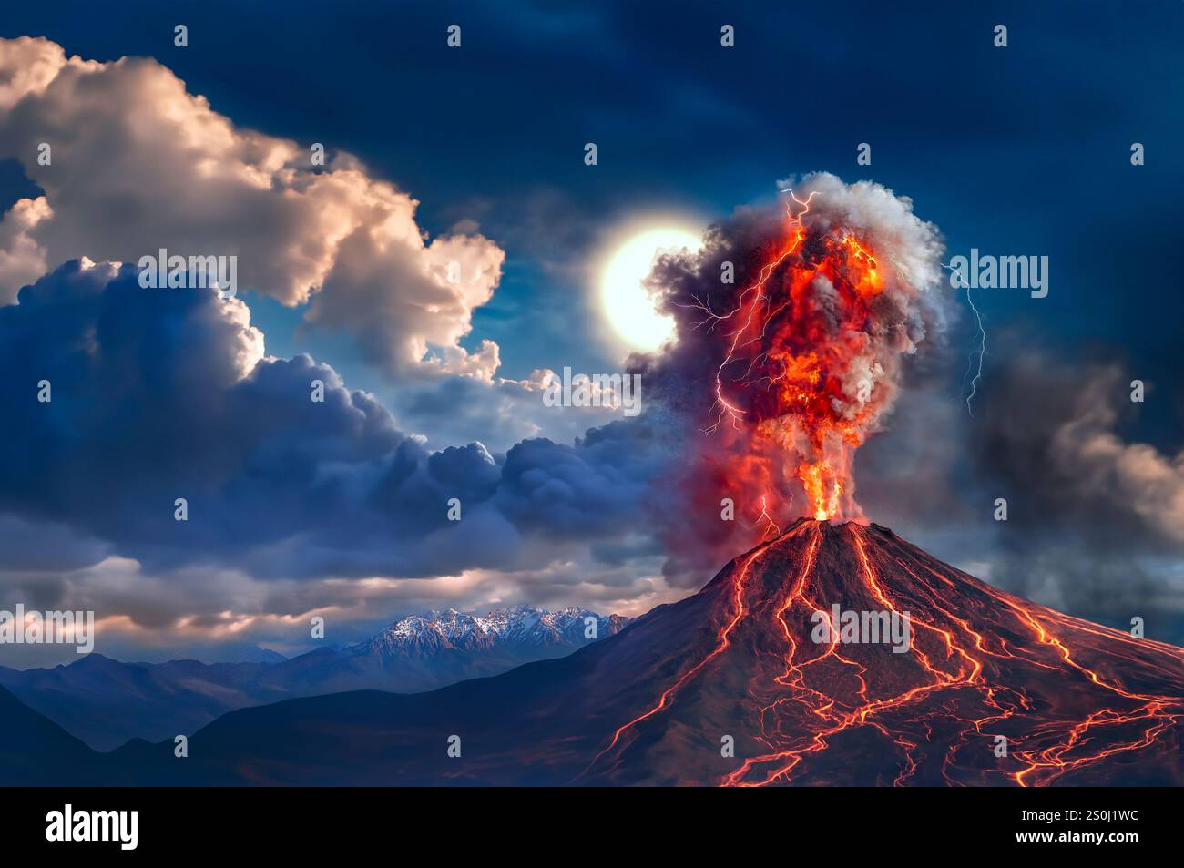 Violent volcanic eruption with multiple lava flows and clouds of ...