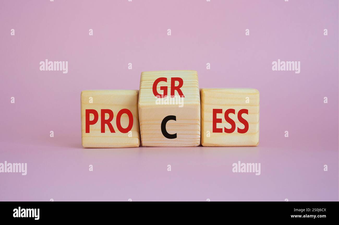 Process and Progress symbol. Wooden cubes with words Process and ...