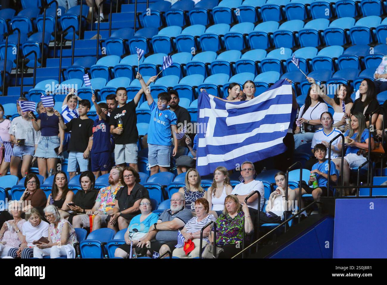 Perth, Australia. 28th Dec, 2024. Spectators cheer for Team Greece in ...