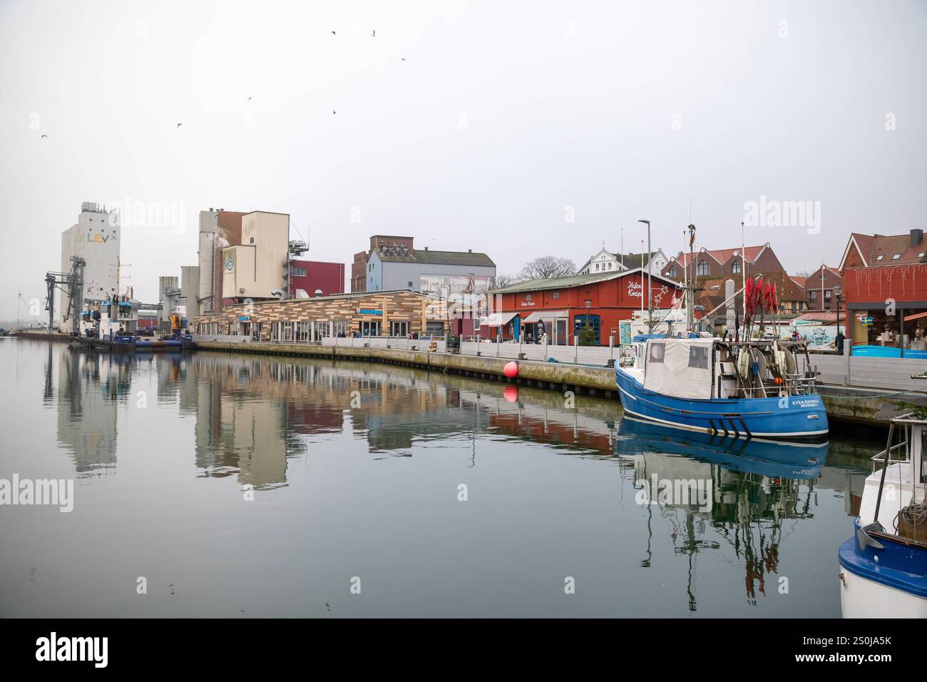 Blick auf den Hafen von Heiligenhafen und die Fischhalle im Hintergrund ...