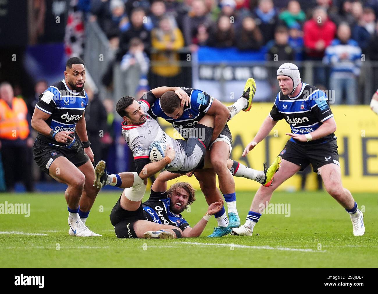 Saracens' Alex Lozowski is tackled by Bath's Ollie Lawrence during the ...