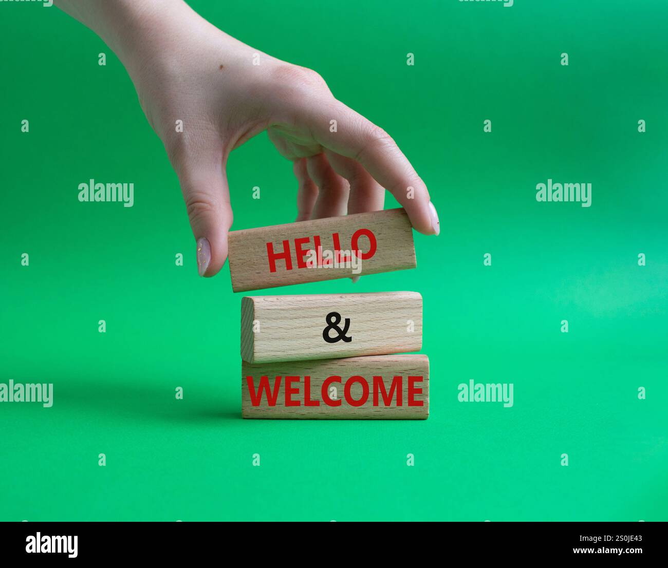 Hello and Welcome symbol. Concept words Hello and Welcome on wooden ...