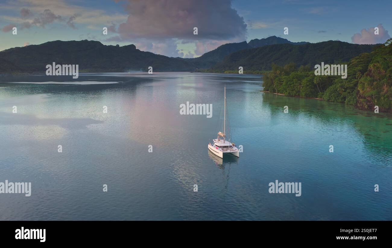 Aerial view of a catamaran sailing in calm lagoon with lush tropical ...