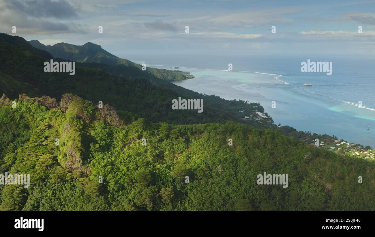 Drone fly over breathtaking aerial views of tropical island in French ...