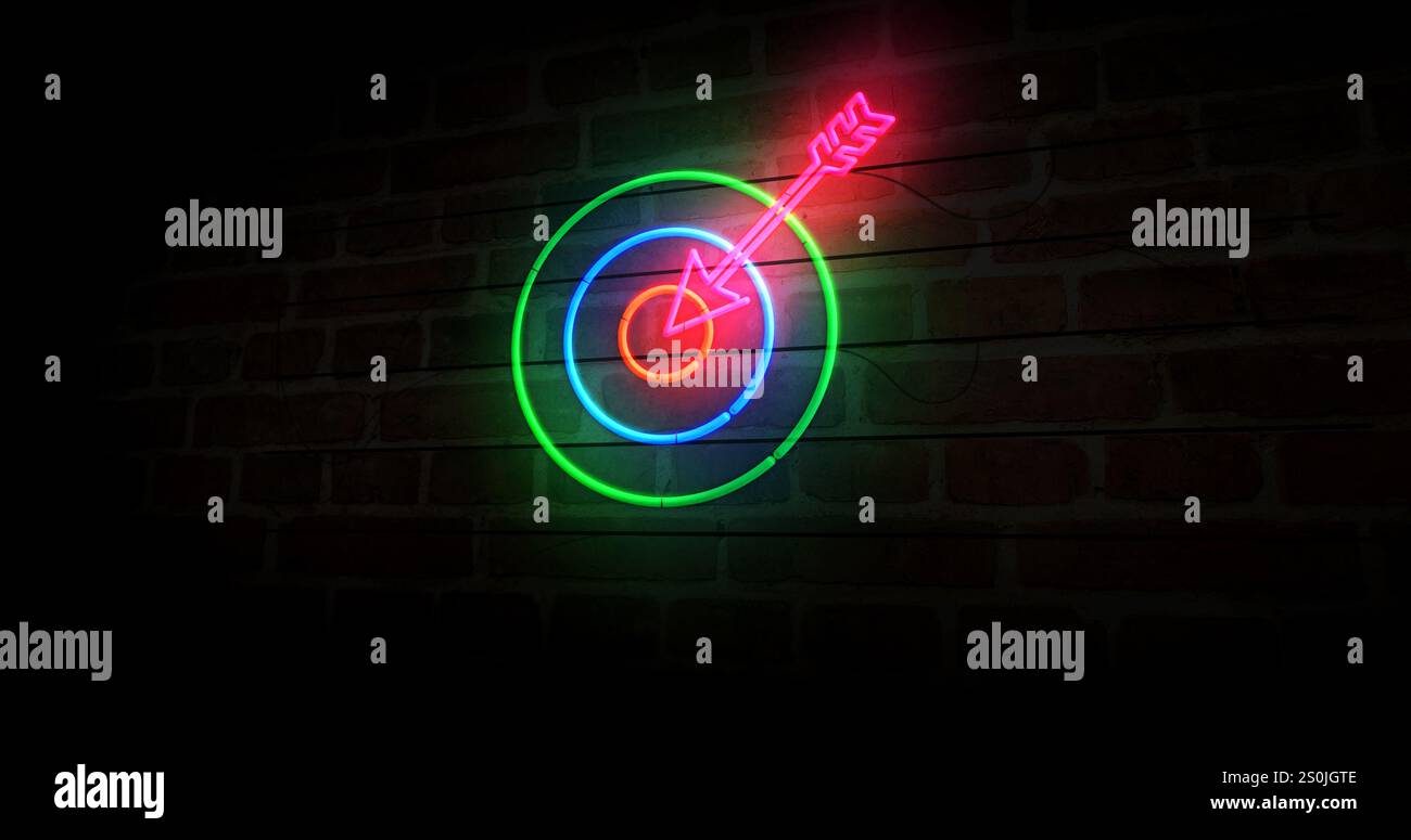Target arrow and success business strategy neon symbol. Marketing aim ...