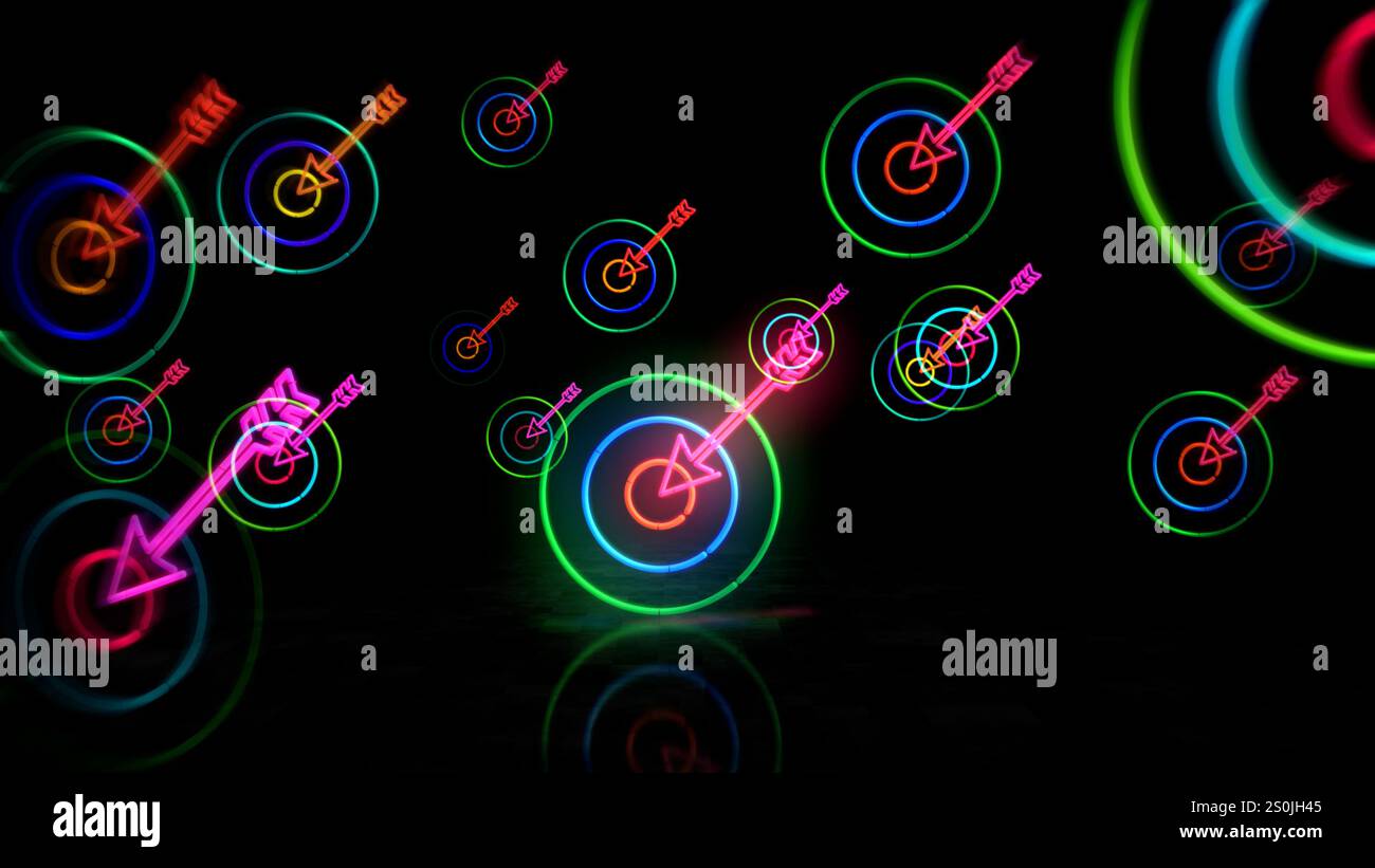 Target arrow and success business strategy neon symbol. Marketing aim ...