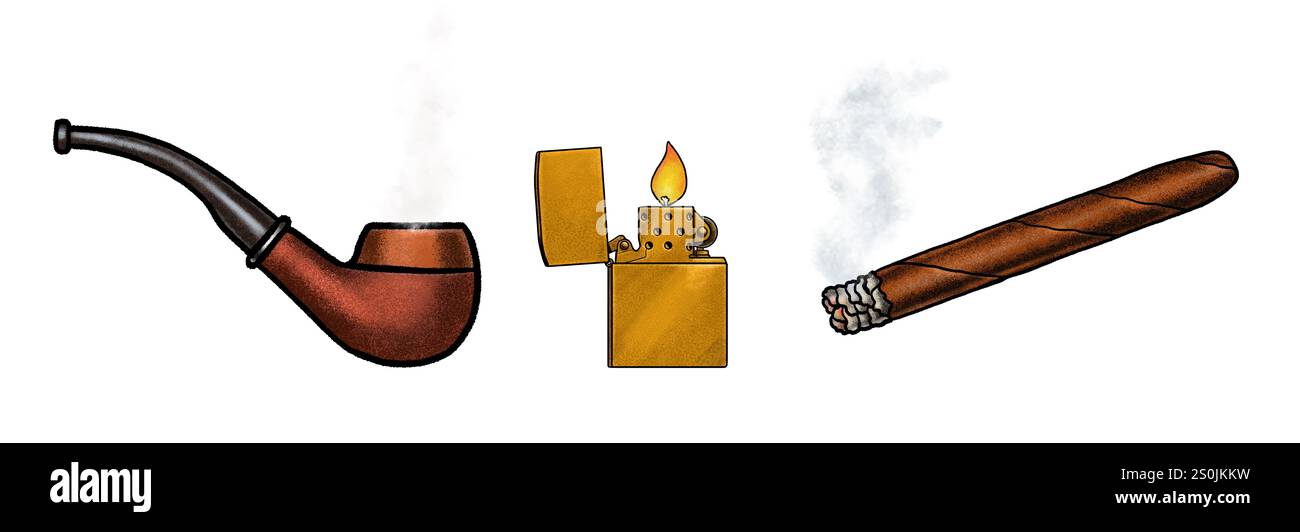 A smoking cigar, pipe and golden lighter. Utensils of a smoker Stock ...