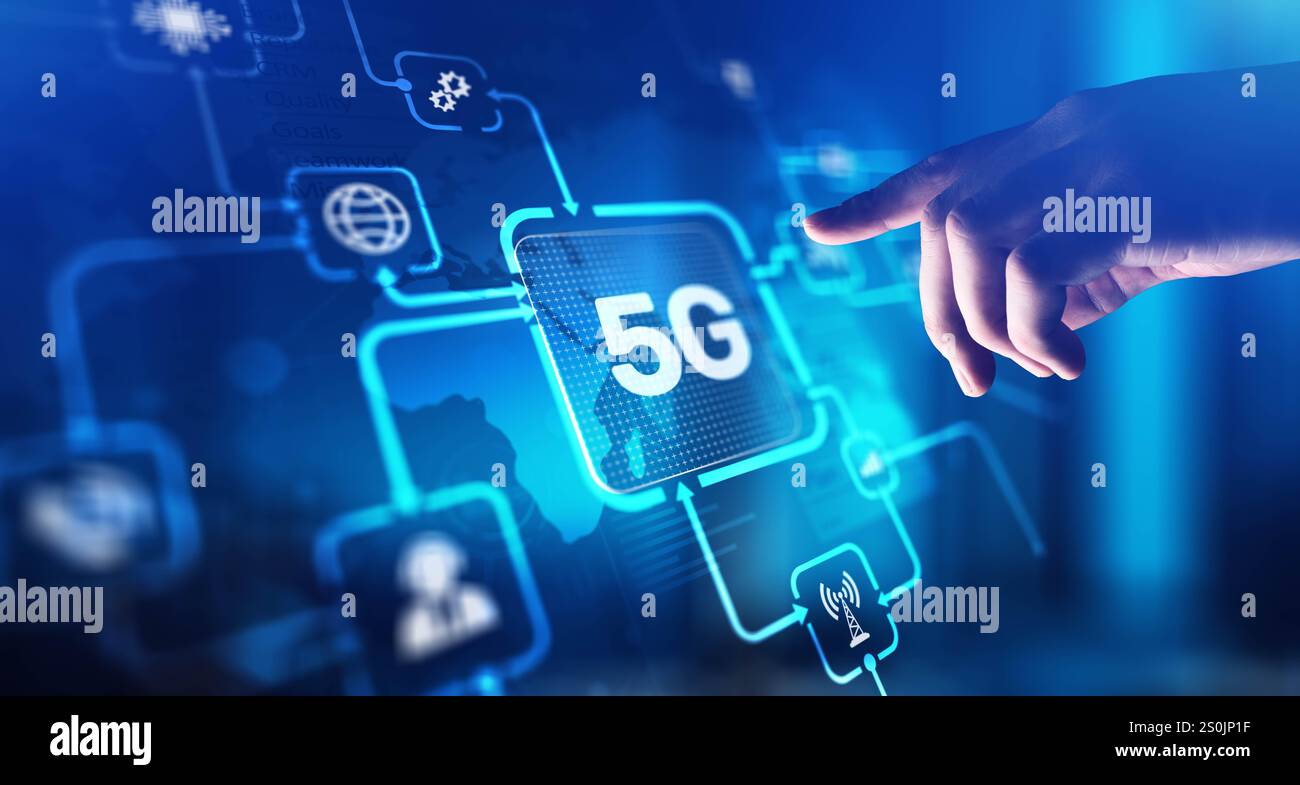 5G Next-Generation Mobile Connectivity, projection on a virtual screen ...