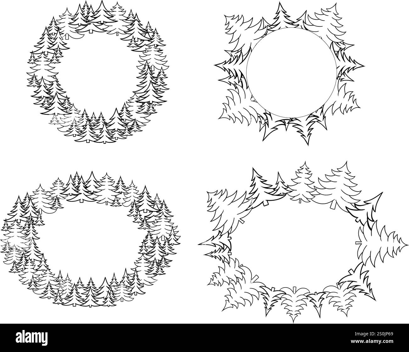 Background of pine tree forest, oval and round circle frame set. Vector ...