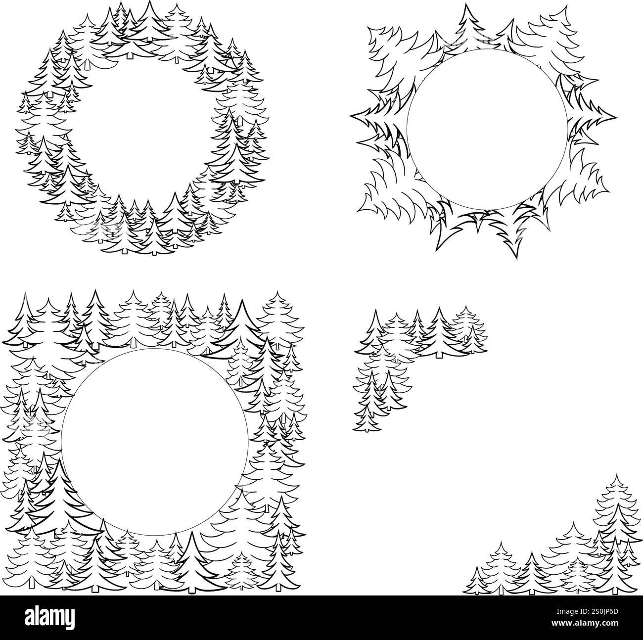 Pine tree graphic line round circle frame set. Vector templates for ...