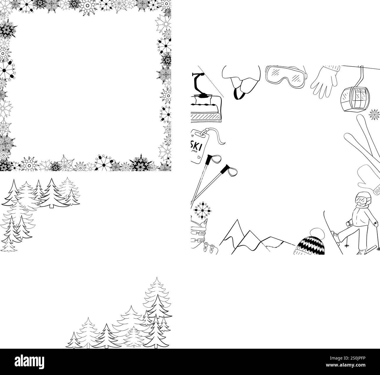 Graphic line vector square frame set with winter elements ski equipment ...