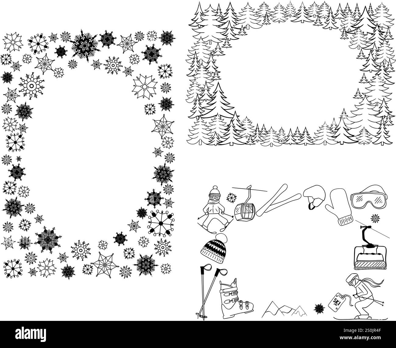 Graphic line pine tree, snowflakes, ski equipment, forest oval frame ...