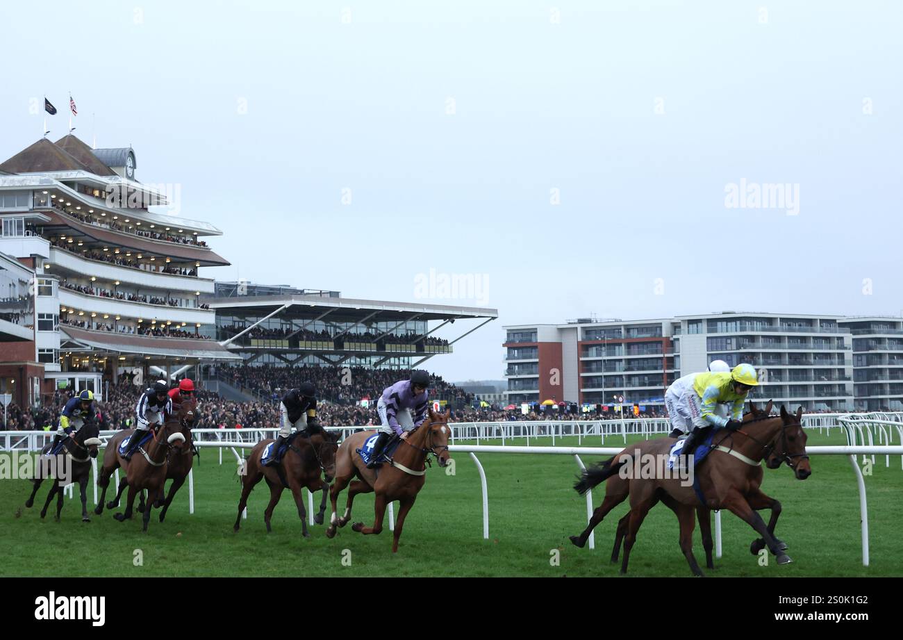 Runners and riders in the Coral Challow Novices' Hurdle during the ...