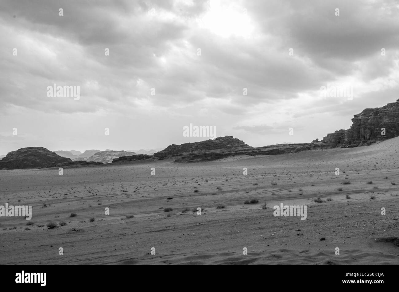 A desolate desert landscape with a cloudy sky. The sky is overcast and ...