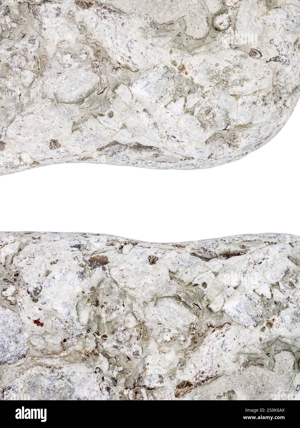 Edges of two pebbles isolated on white background with a space for text ...