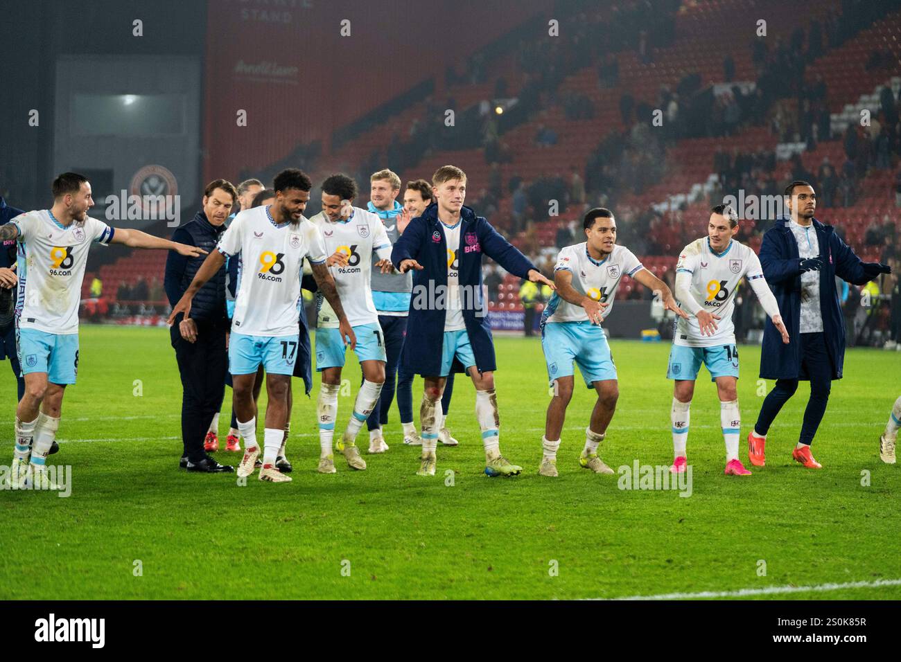 Burnley FC squad celebrate their win against Sheffield United after the ...