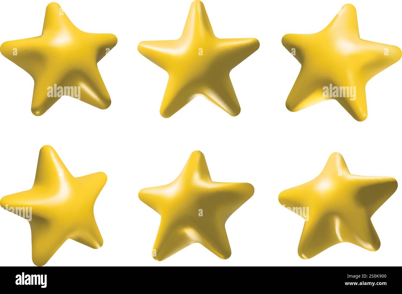 A set of six shiny yellow 3D stars on a white background, evenly ...