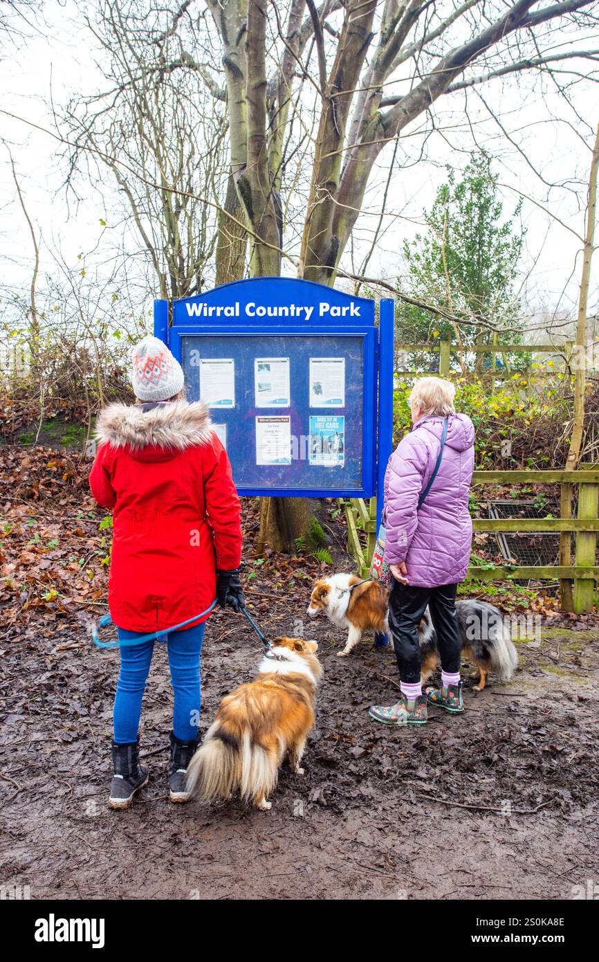 People walking dogs on the Wirral Way footpath, The Wirral Way is a ...