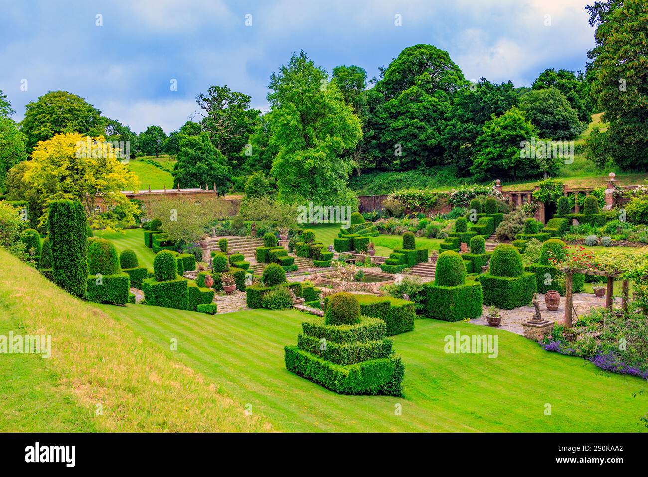 A variety of topiary shaped hedges and trees in the Italianate Fountain ...