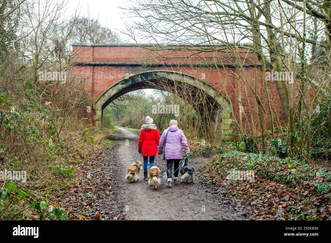 People walking dogs on the Wirral Way footpath, The Wirral Way is a ...