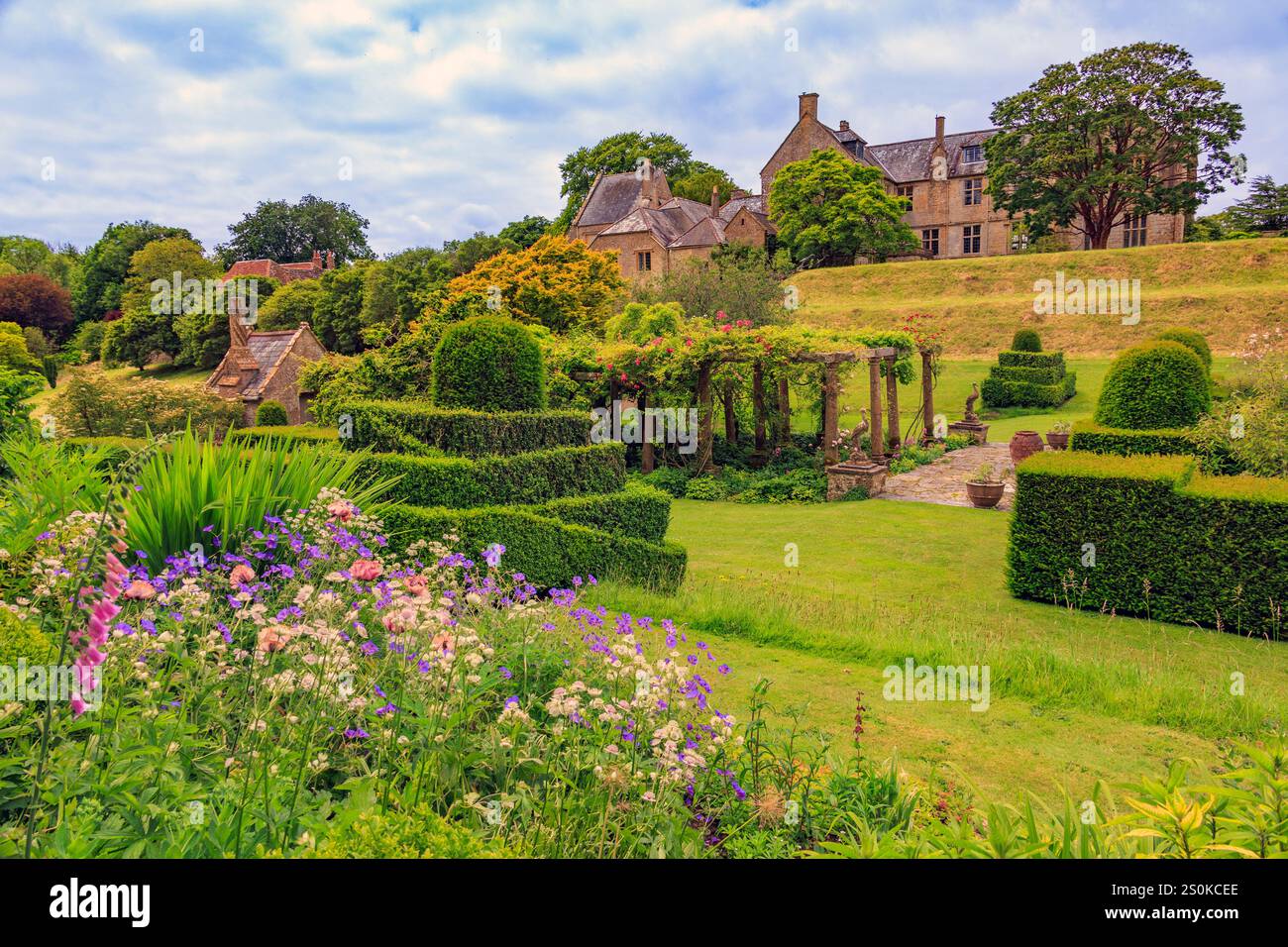 A variety of topiary shaped hedges and herbaceous borders in the ...