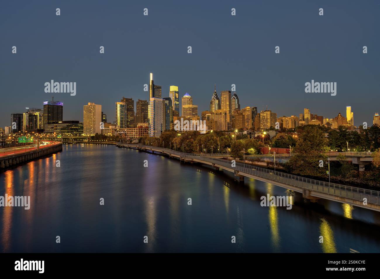 The skyline of Philadelphia with the Schuylkill River at dusk Stock ...
