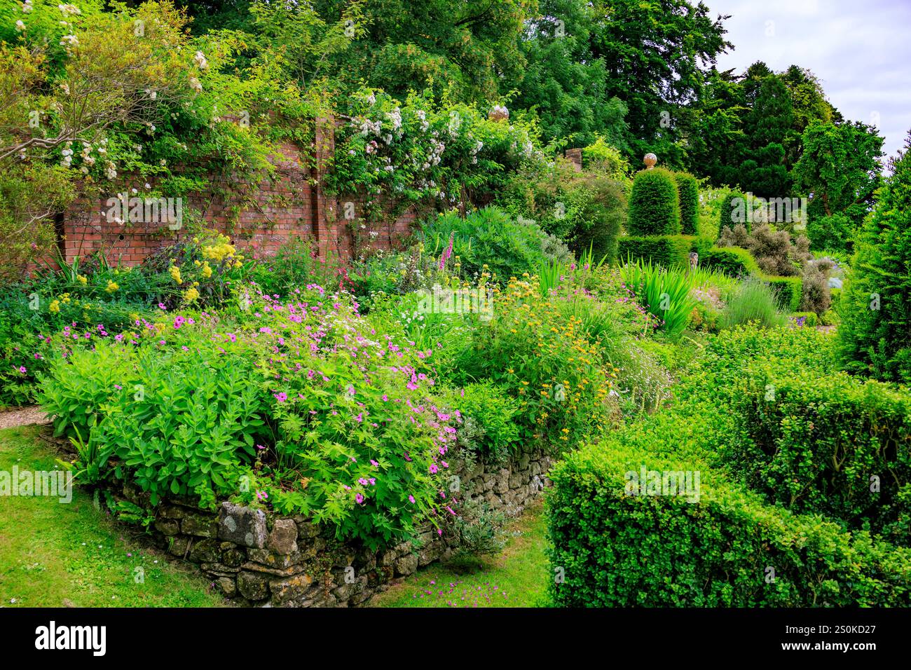 Colourful herbaceous borders in the Italianate Fountain Court garden at ...