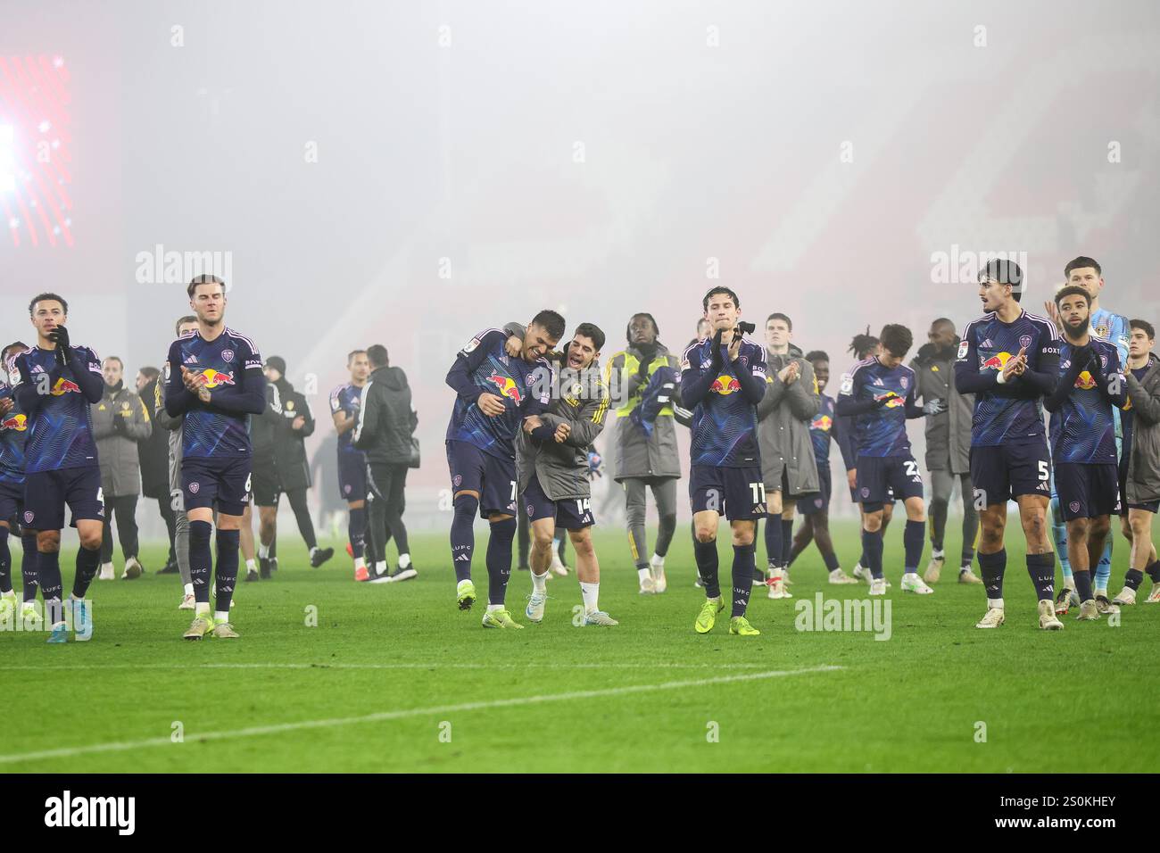 Leeds United players celebrate their side’s victory in the Sky Bet Championship match at the ...