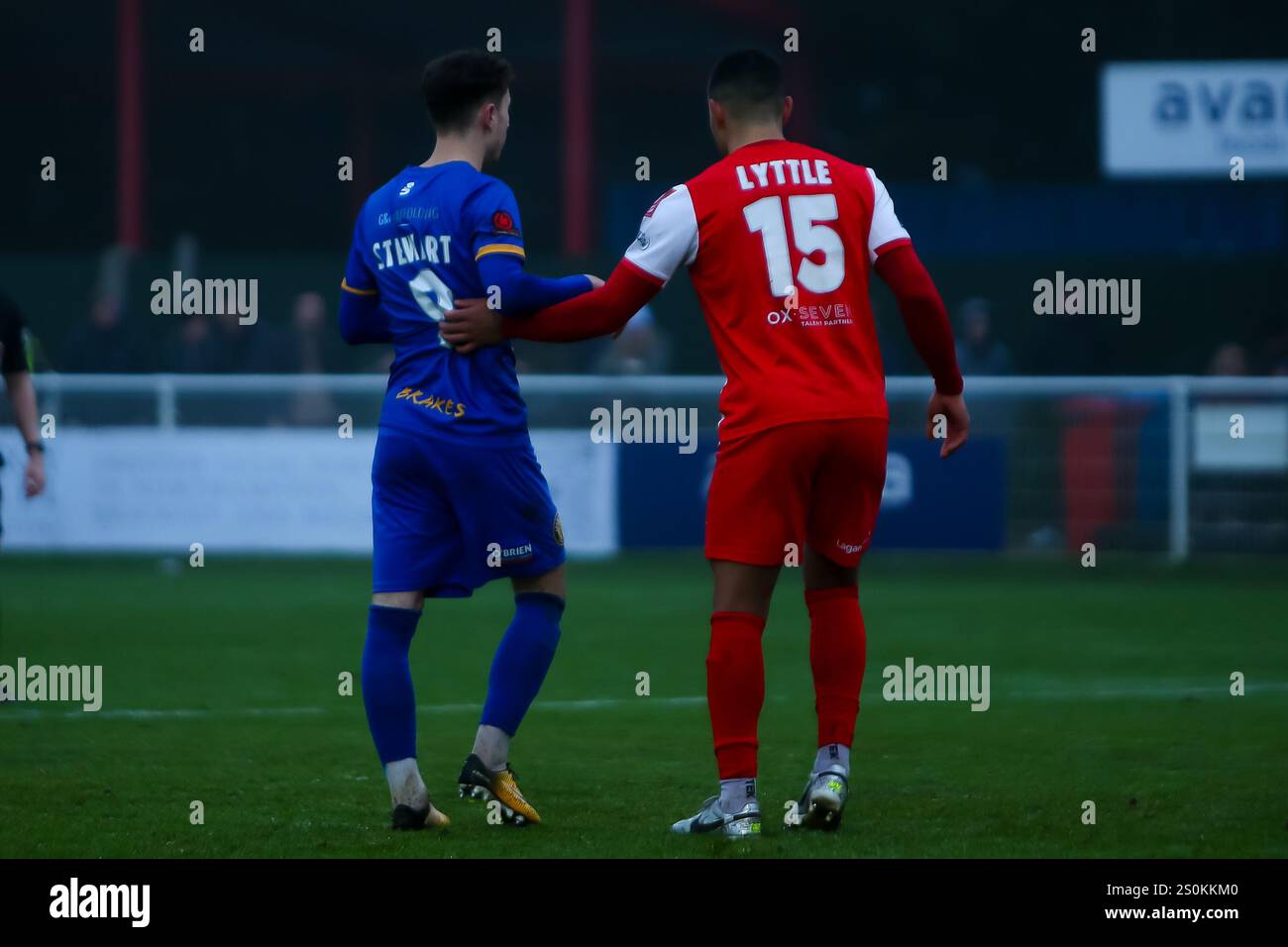 Callum Stewart of Leamington and Tyler Lyttle of Brackley Town during ...