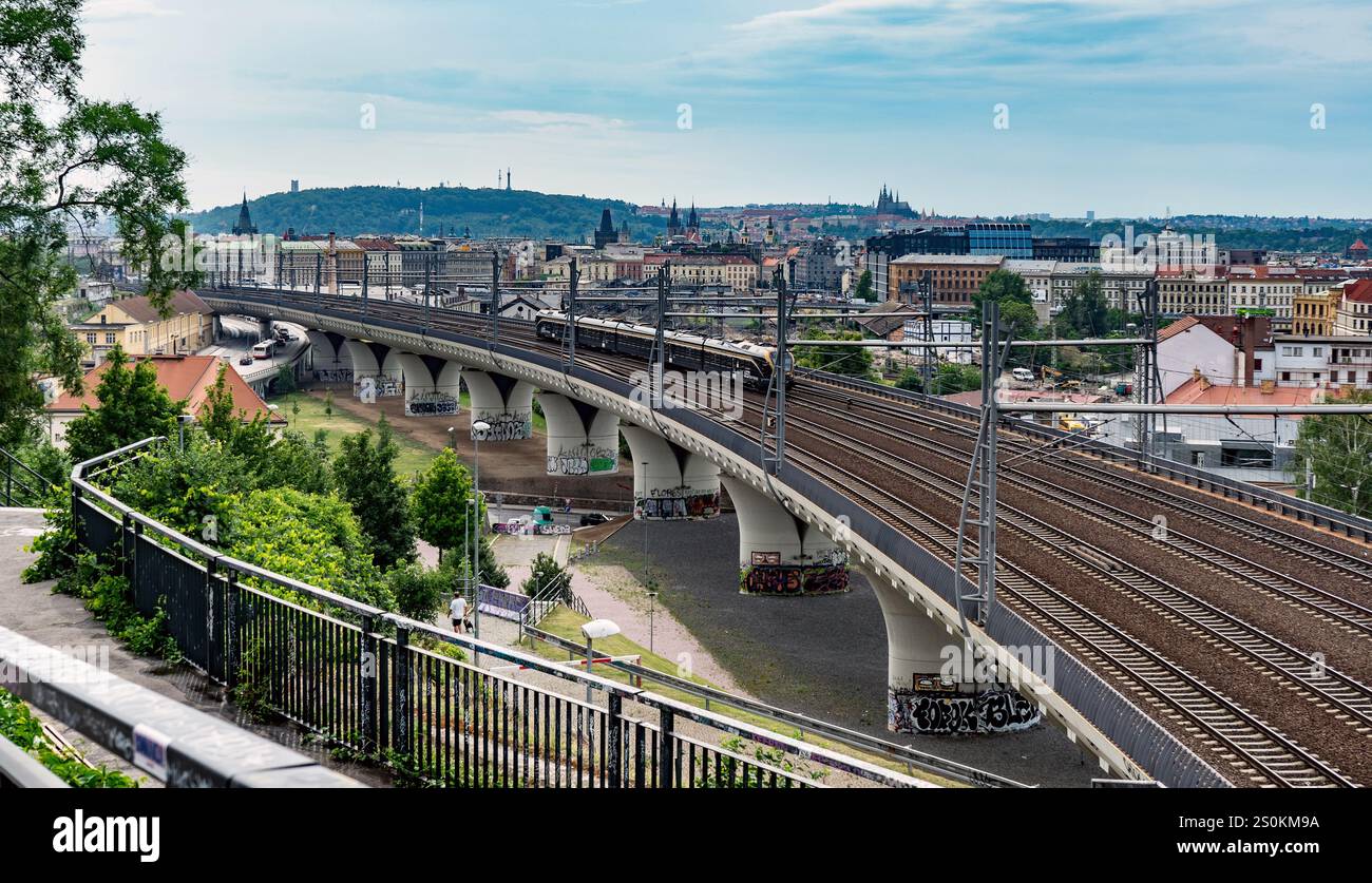 A scenic view of a railway bridge with train tracks stretching across a ...