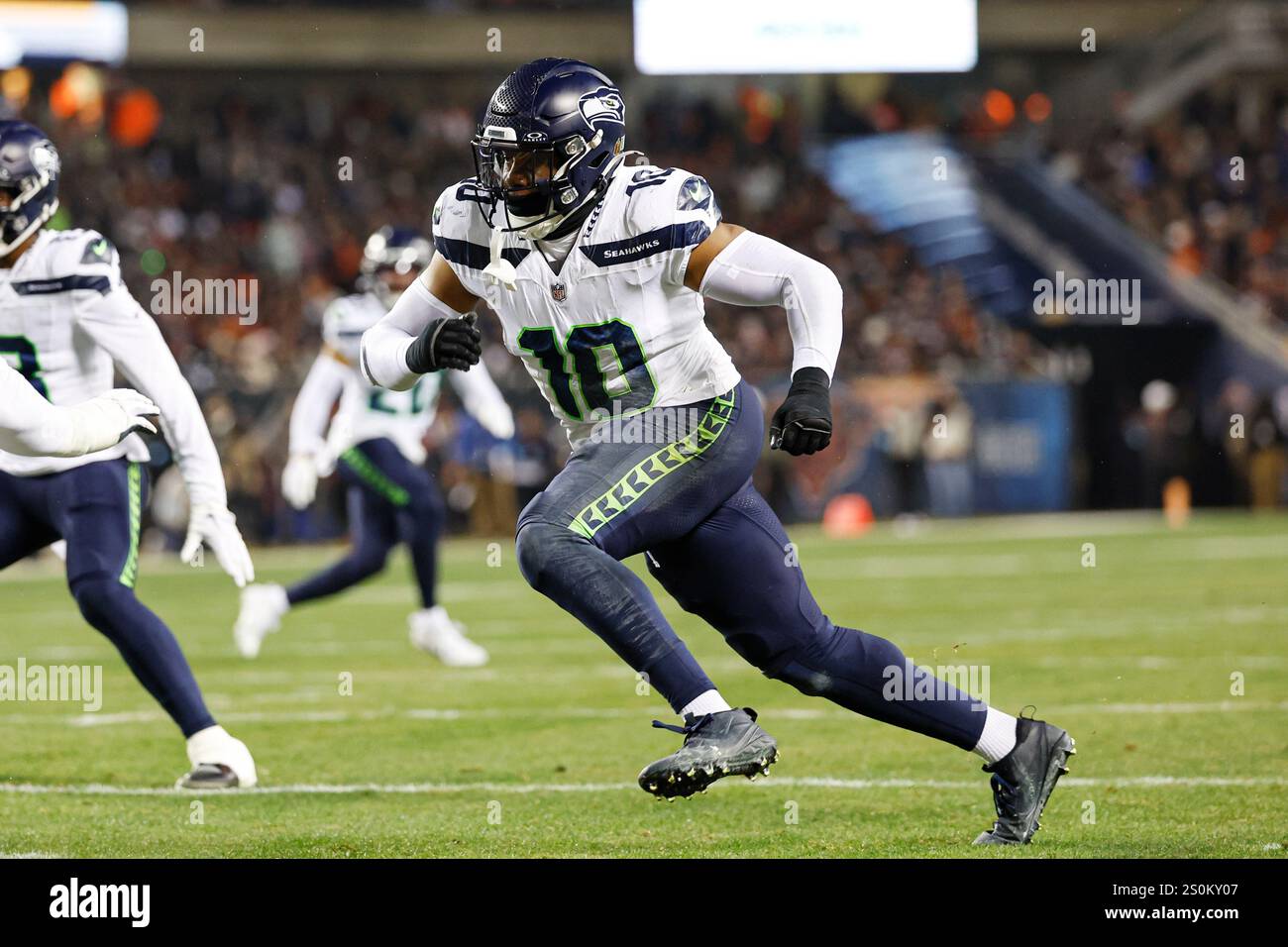 Seattle Seahawks linebacker Uchenna Nwosu (10) runs on the field during ...