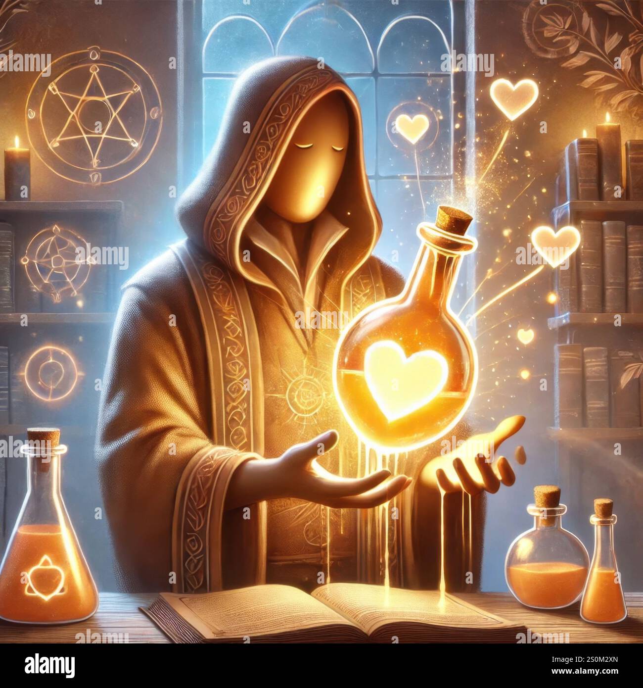 A hooded figure with a glowing golden potion, symbolizing generosity ...