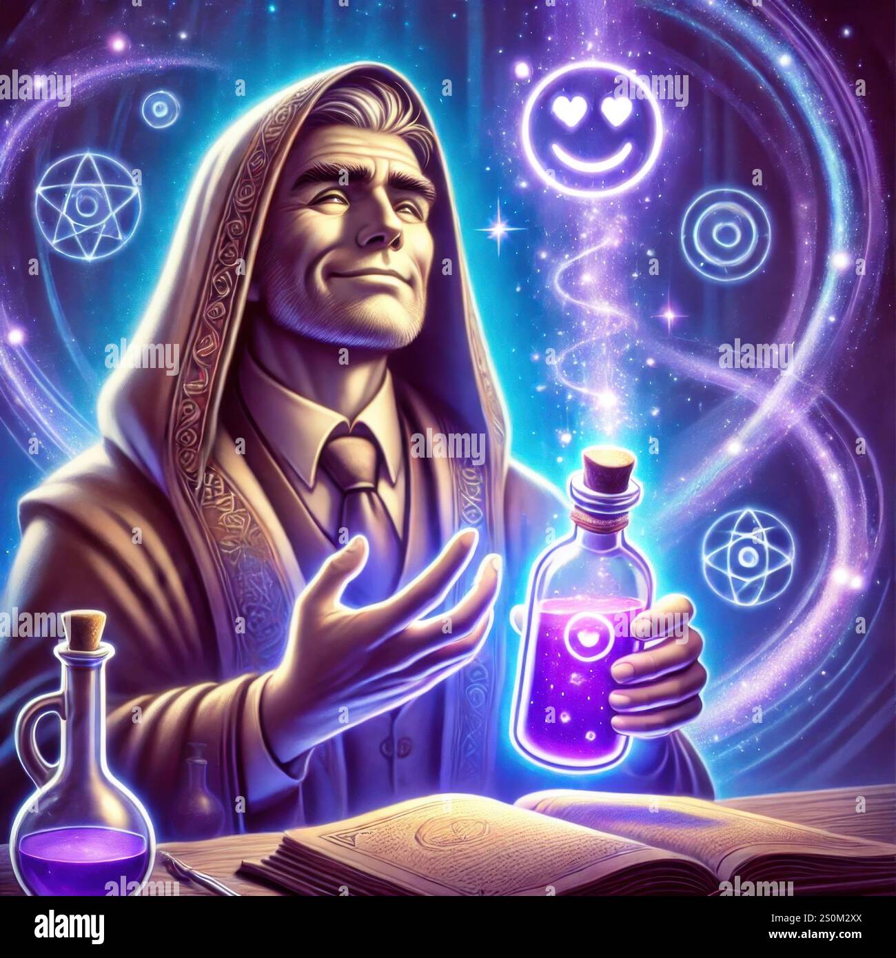 An alchemist with a glowing purple potion, symbolizing fascination and ...