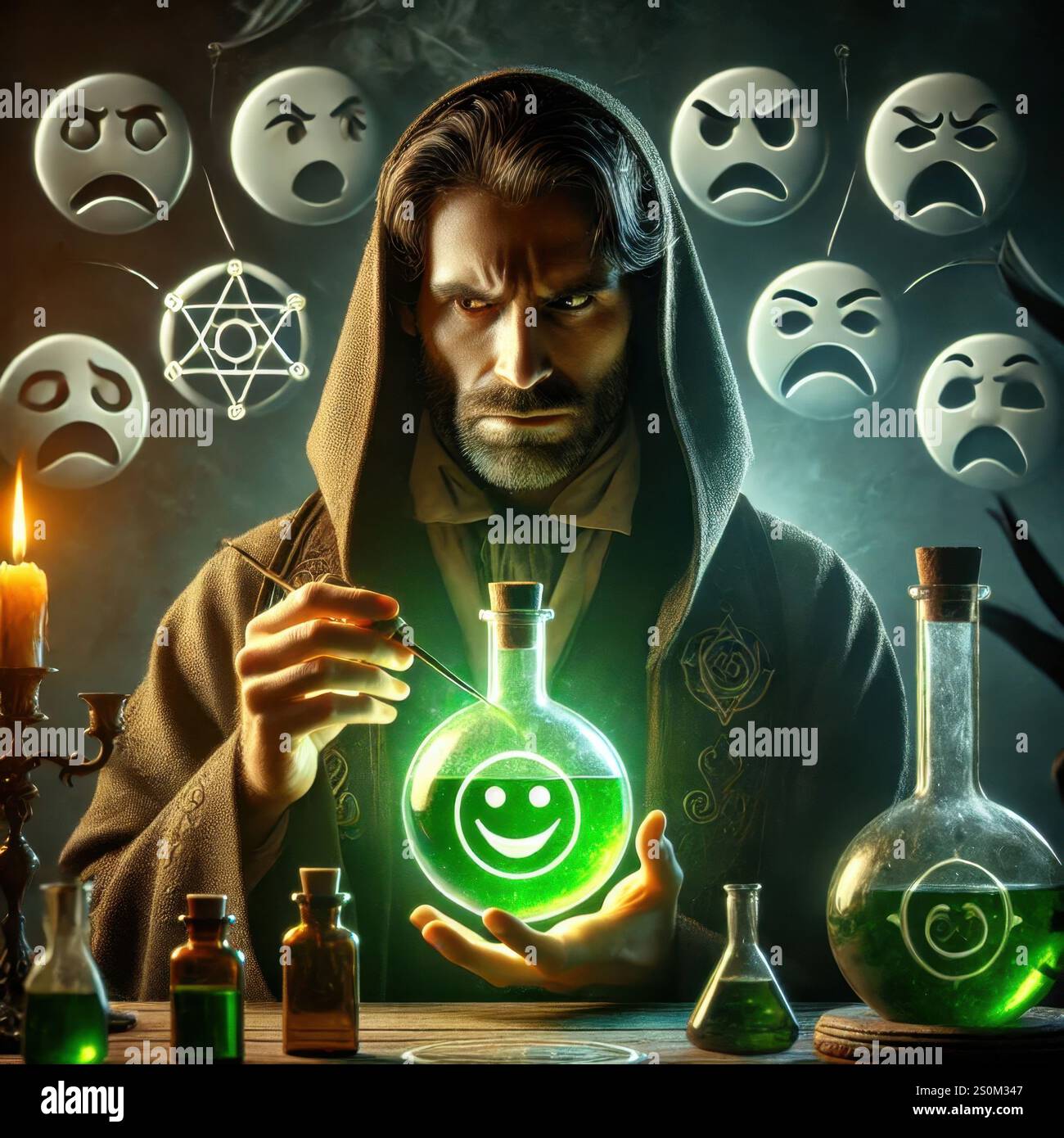 An alchemist observing glowing green potions, representing envy and ...