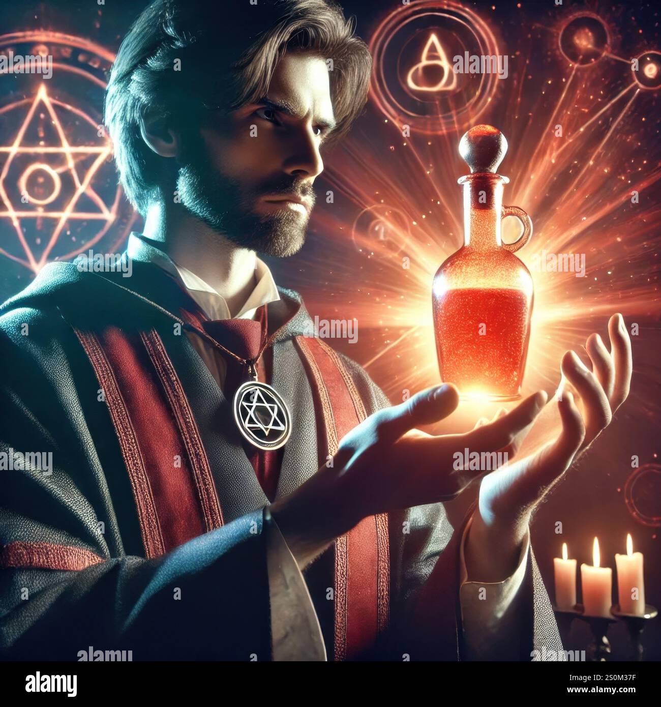 A determined alchemist with a radiant red vial, symbolizing drive and ...