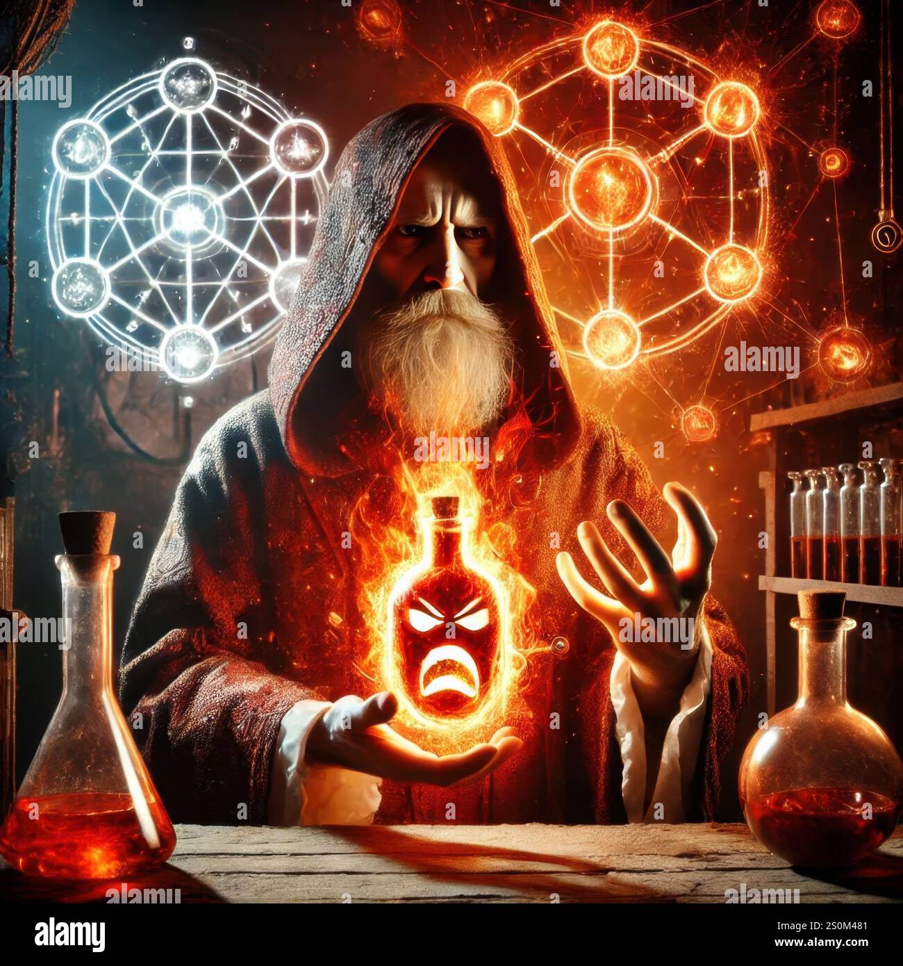 An angry alchemist holding a fiery vial, with an intense expression of ...