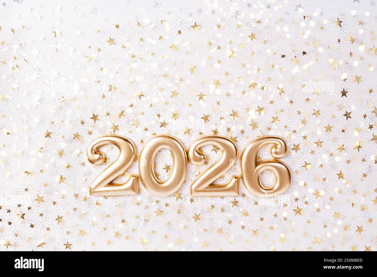 Holiday background Happy New Year 2026. Numbers of year 2026 made by gold candles on bokeh ...