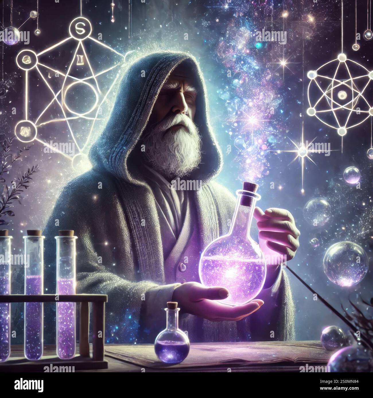 A curious alchemist marveling at a magical potion glowing with cosmic ...