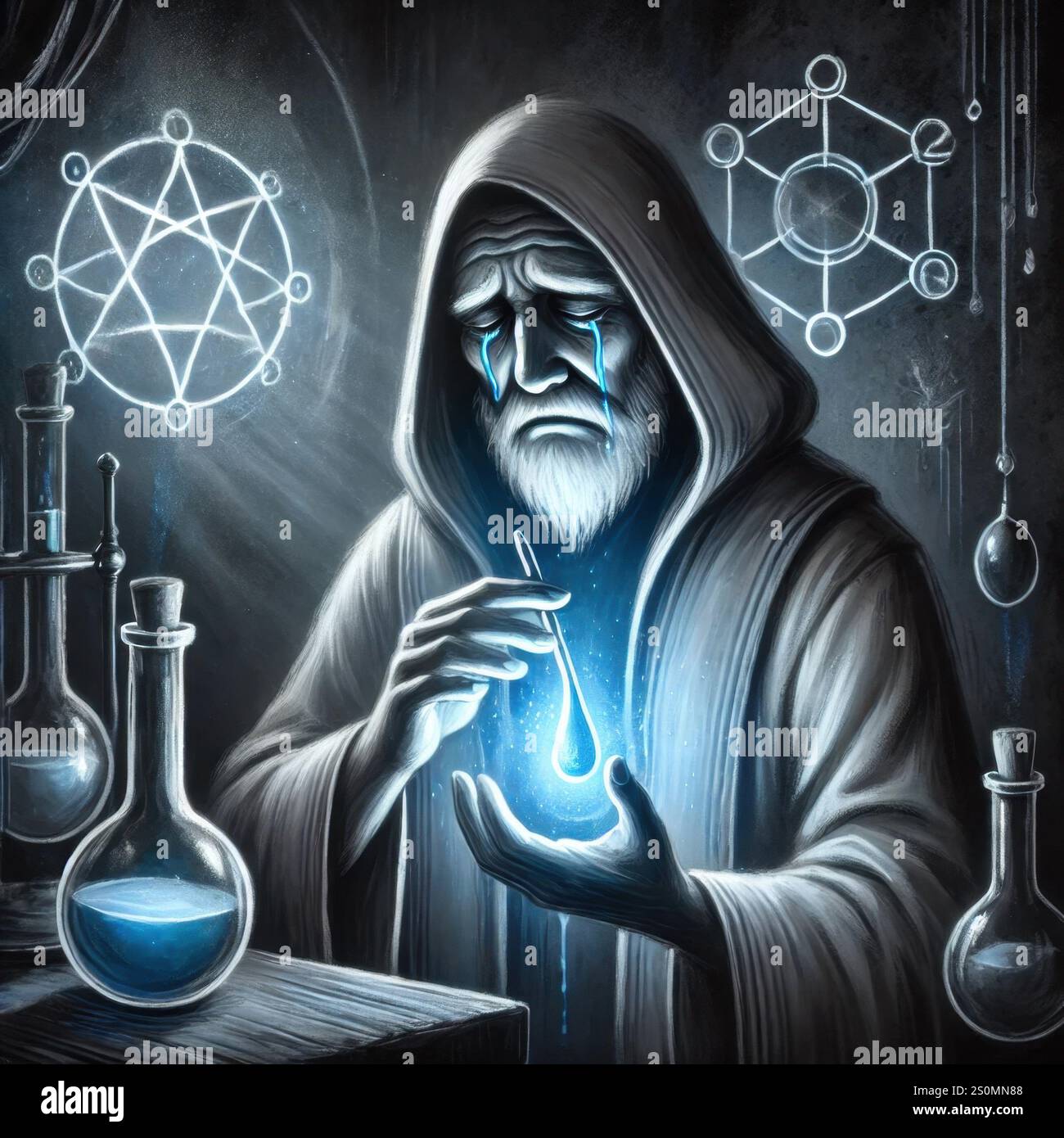 A sorrowful alchemist shedding tears while holding a dim potion of ...