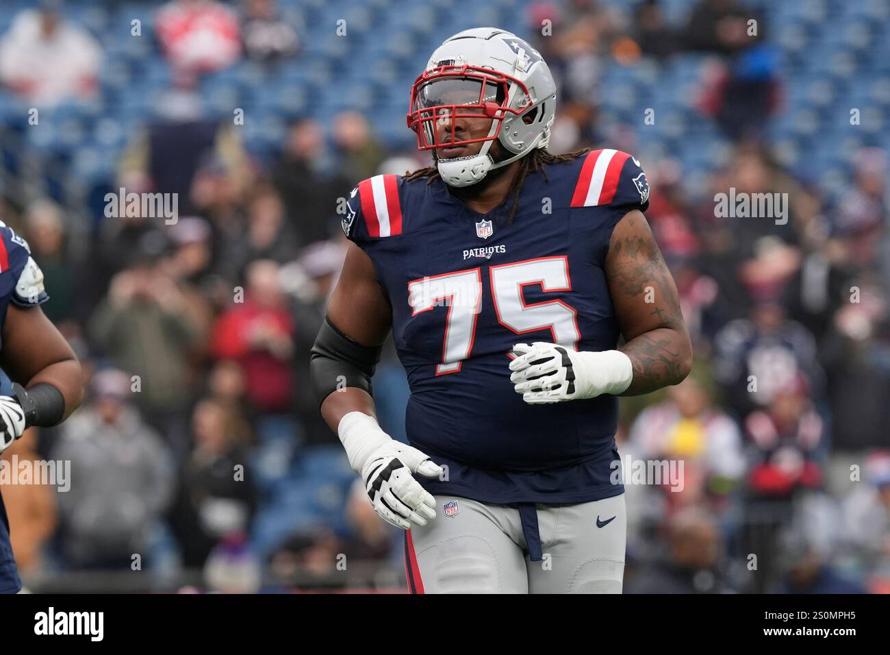 New England Patriots offensive tackle Demontrey Jacobs (75) prior to an ...