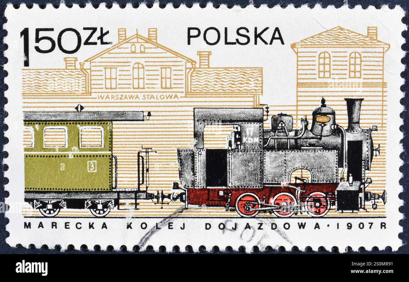 Cancelled postage stamp printed by Poland, that shows Marki Train and ...