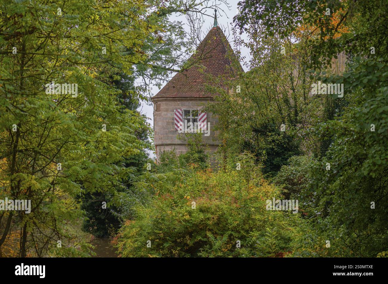 Medieval defence defence tower on the town wall, Dinkelbuehl, Bavaria ...