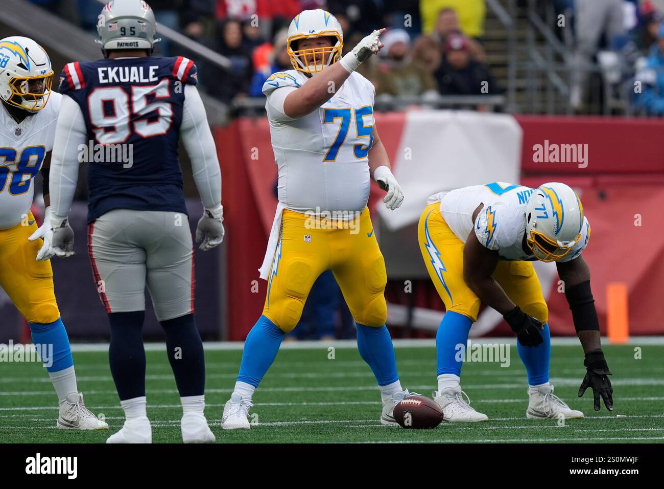 Los Angeles Chargers center Bradley Bozeman (75) during the first half of an NFL football game ...
