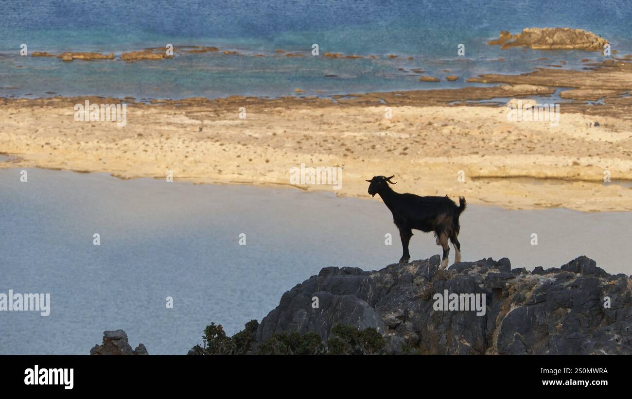 A goat stands on a cliff overlooking the blue sea, sheep (e) or goat (n ...