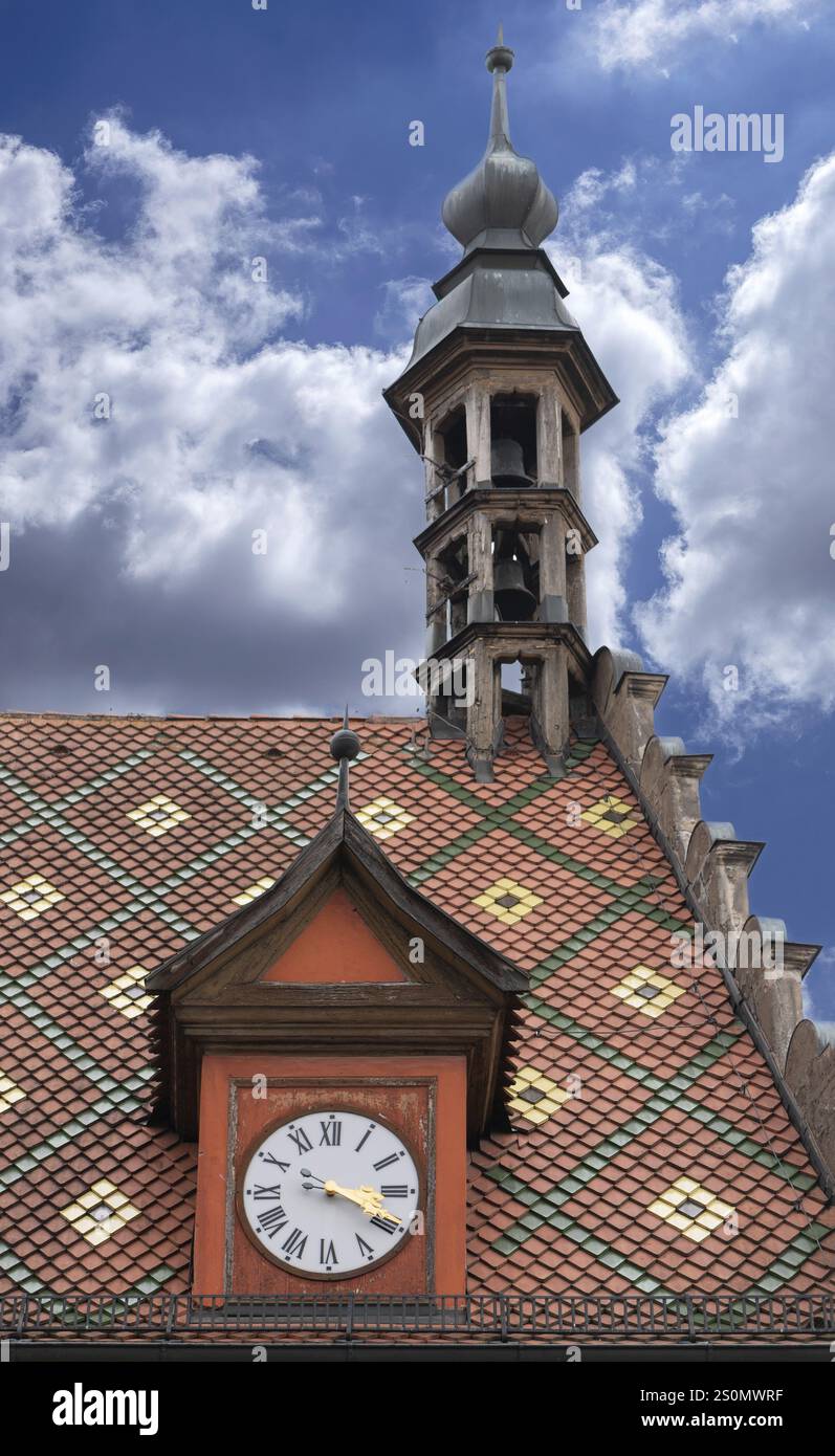 Ornate roof with clock tower and baroque ridge turret, former council ...