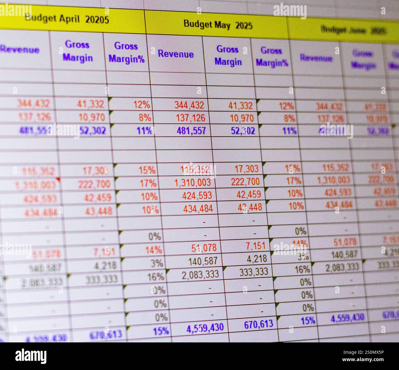 Shot of a computer screen showing excel table with company budget open ...