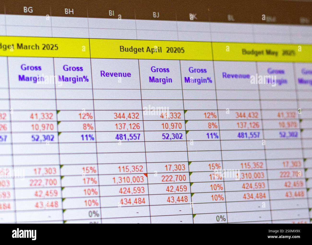 Shot of a computer screen showing excel table with company budget open ...