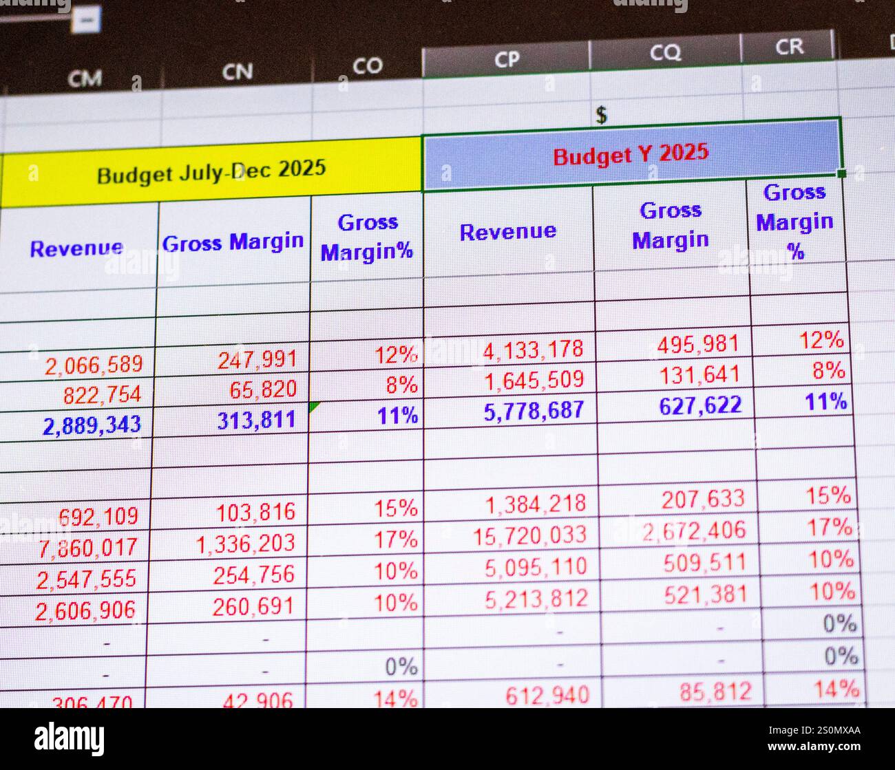 Shot of a computer screen showing excel table with company budget open ...