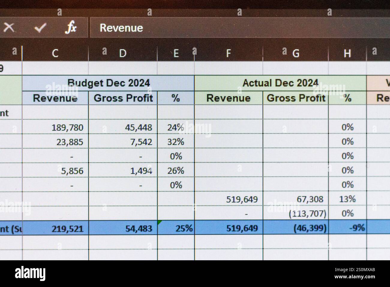 Shot of a computer screen showing excel table with company budget open ...