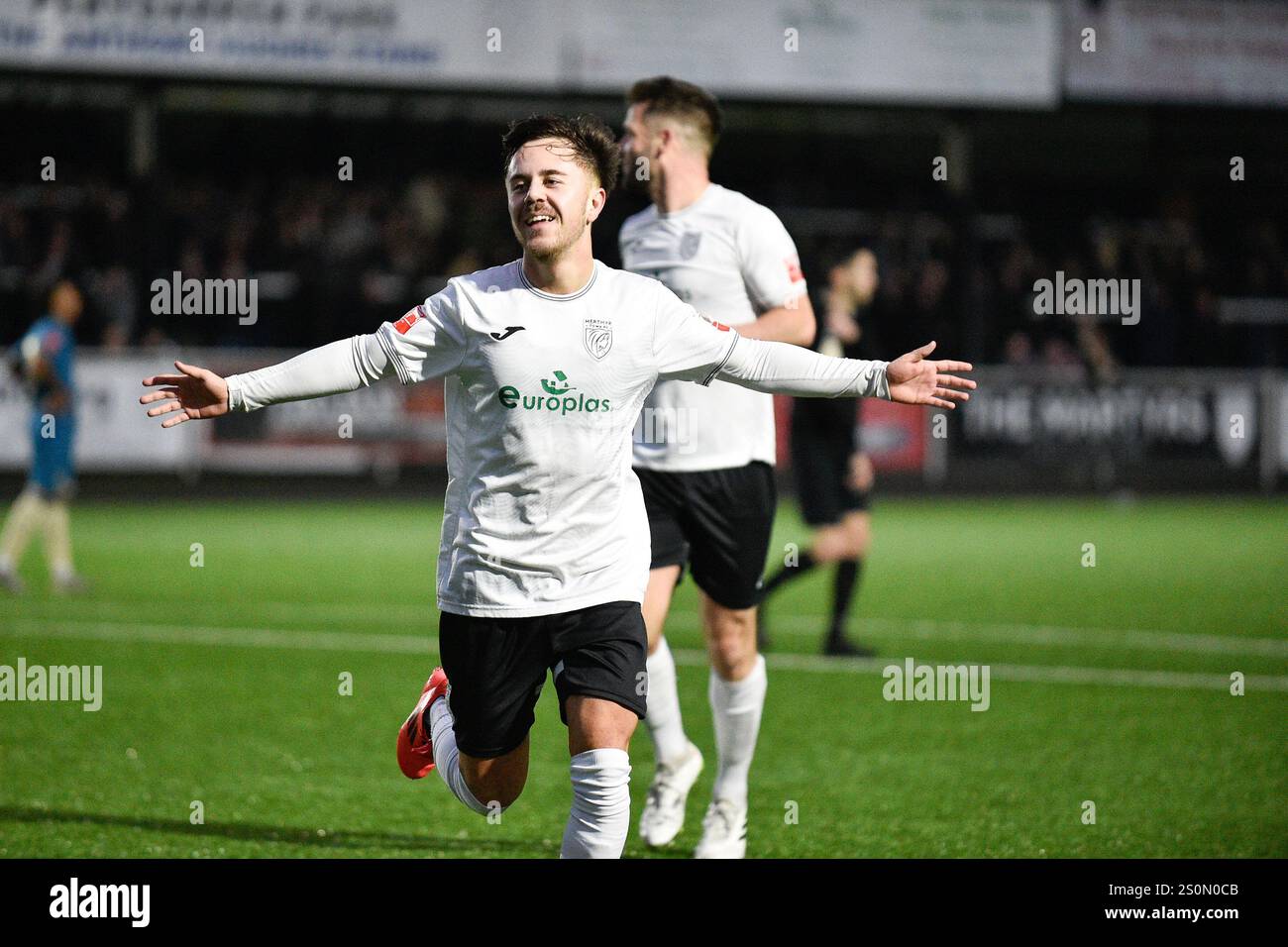 Lewys Twamley of Merthyr Town celebrates after he scores his teams 3rd ...